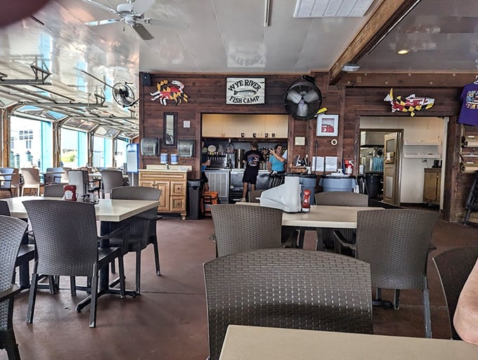 Inside, nautical charm meets casual comfort. Those Maryland crab decorations aren't just for show—they're a promise of what's to come.