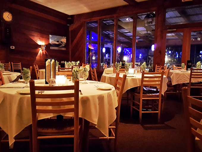 Warm wooden beams, crisp white tablecloths, and that perfect amber lighting—Joe's dining room feels like the embrace of an old friend.