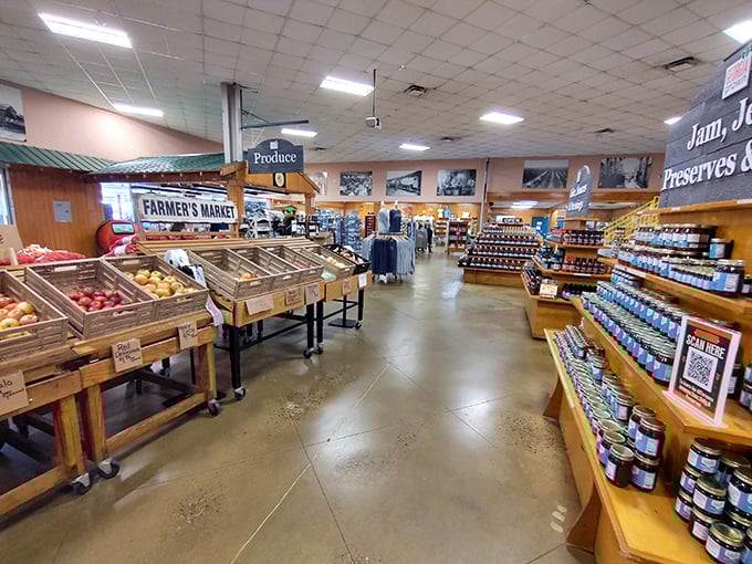 A produce paradise where bins of fresh-picked goodness line rustic wooden displays. This isn't grocery shopping—it's a pilgrimage to flavor country.