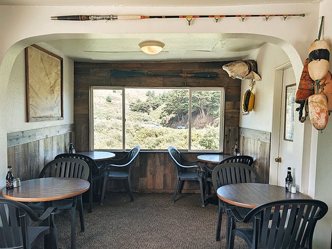 Simple wooden tables frame picture-perfect views of Bodega Bay's coastline—nature's television playing a never-ending show of California's rugged beauty.