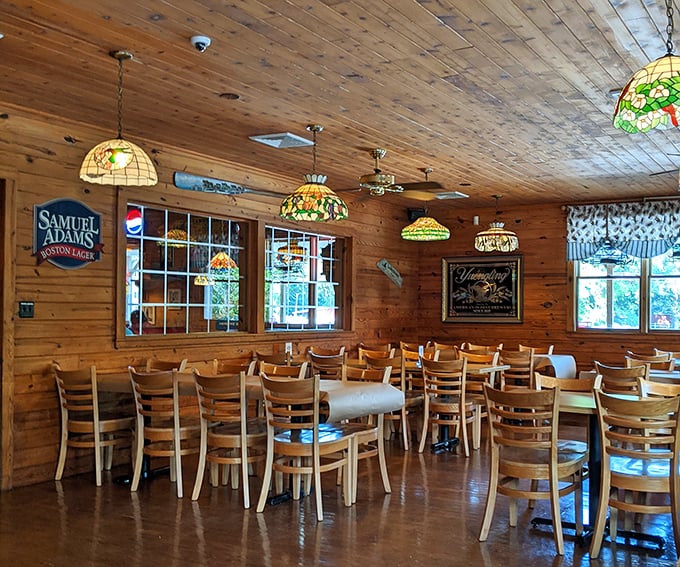 Warm wooden interiors and Tiffany-style lamps create the perfect ambiance for cracking crabs—fancy enough for a celebration, casual enough for Tuesday dinner.