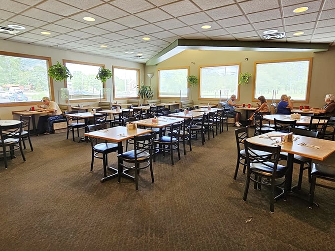 This dining room feels like your favorite aunt's house, if she happened to seat 100 people comfortably.