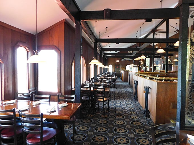 Step inside and you're transported to an old sailing vessel, where wooden beams and nautical charm set the stage for oceanic feasting.