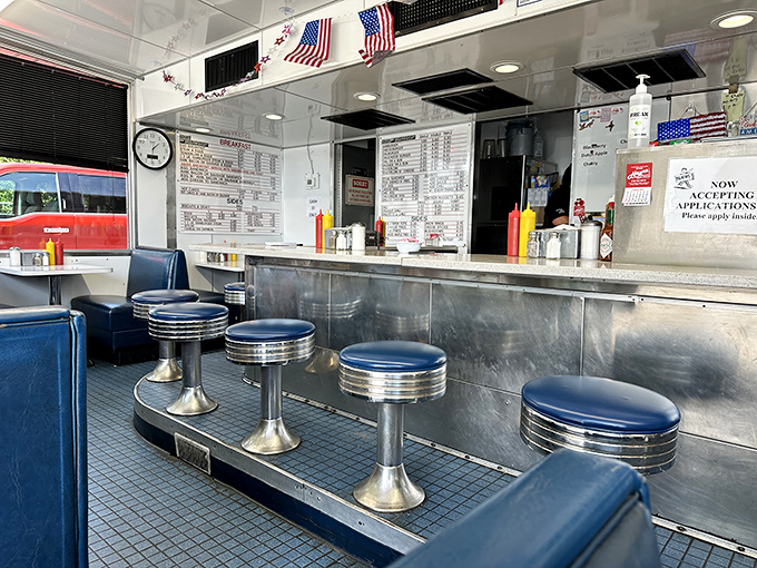 Classic blue vinyl stools await at the counter where Kansas Citians have been parking their posteriors for decades. Simplicity never goes out of style.