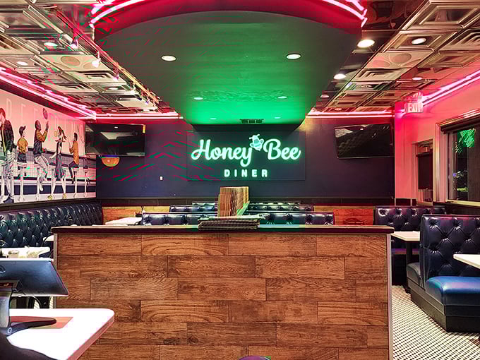 Step inside where neon dreams meet comfort food reality in this gleaming temple of diner perfection.