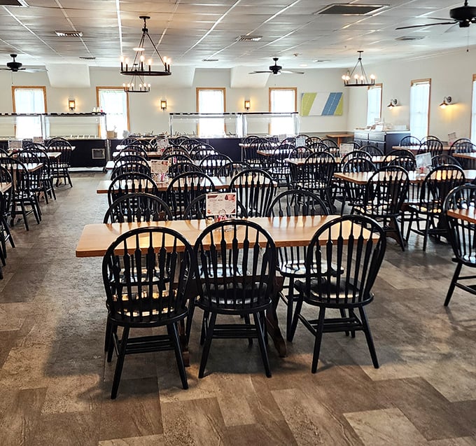 Simple wooden tables and Windsor chairs create an atmosphere that feels like Sunday dinner at Grandma's—if Grandma could feed an army.