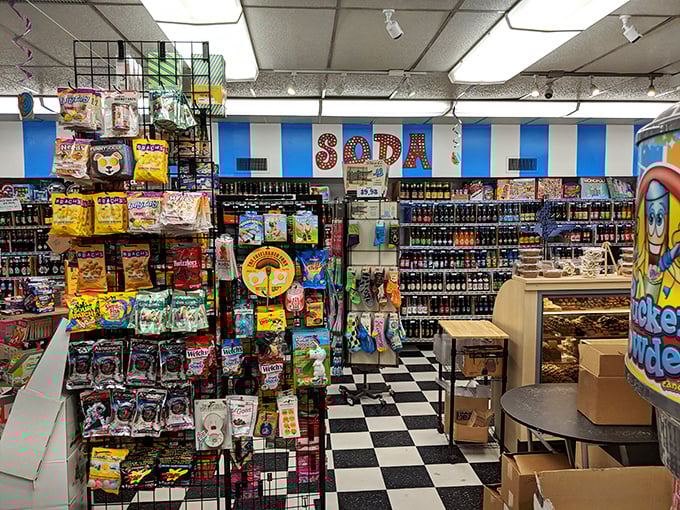 A kaleidoscope of confectionery wonder awaits inside, where the classic checkered floor sets the stage for sweet-toothed adventures.