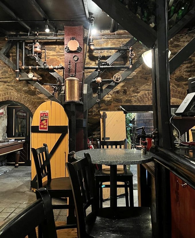 Industrial-chic before it was trendy—original brewing equipment and stone walls create an atmosphere no designer could replicate if they tried.