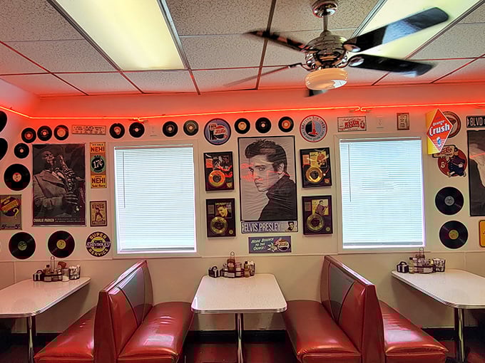 Elvis watches over diners from the walls while vinyl booths invite you to slide in and stay awhile. Classic Americana never goes out of style.