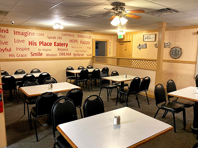 Words of inspiration adorn the walls, but the real motivation happens when plates start arriving at those simple tables. Soul food philosophy in action.