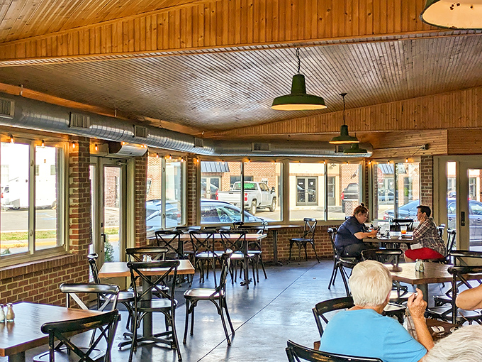 Industrial chic meets small-town charm in this surprisingly sophisticated dining room that defies expectations.