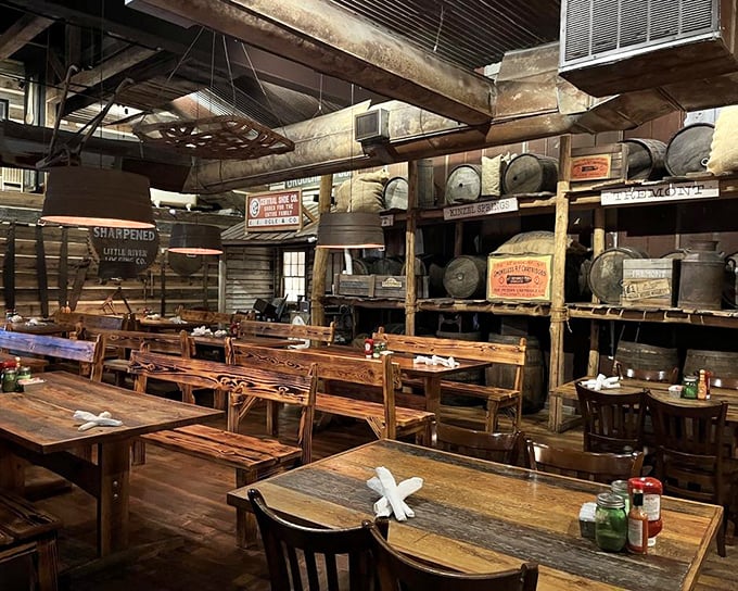 Rustic wooden tables, vintage artifacts, and an atmosphere that whispers "take your time" – this isn't just a meal, it's a journey to frontier Tennessee.