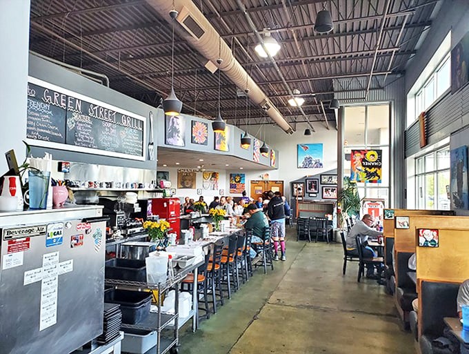Industrial-chic meets breakfast paradise. The open kitchen concept lets you witness the morning symphony of sizzling skillets and perfectly poached eggs.