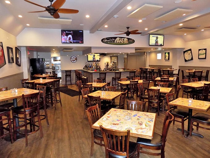 Inside, the warm wood tones and comfortable seating create that perfect "Cheers" vibe—where everybody might not know your name yet, but they'll remember your order.