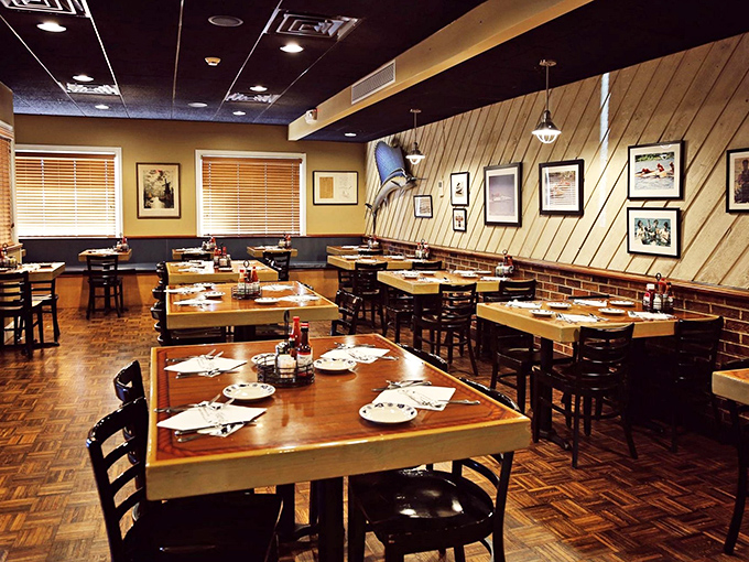 Step inside and you're greeted by warm wood paneling and nautical charm—the dining room equivalent of a comfortable fisherman's sweater.