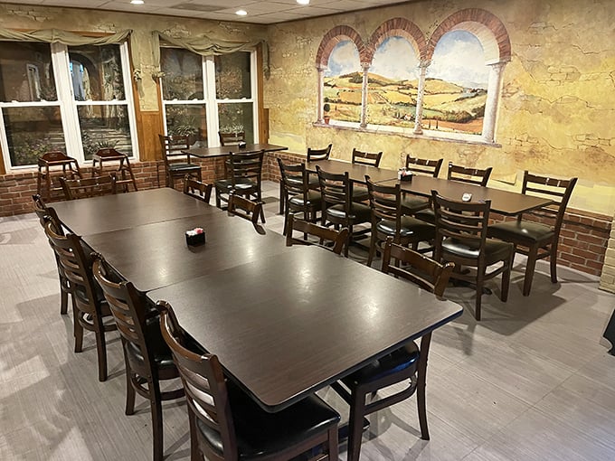 Italian countryside murals transport you from Delaware to Tuscany, while those wooden tables have witnessed countless "first bite" moments of pure sandwich bliss.