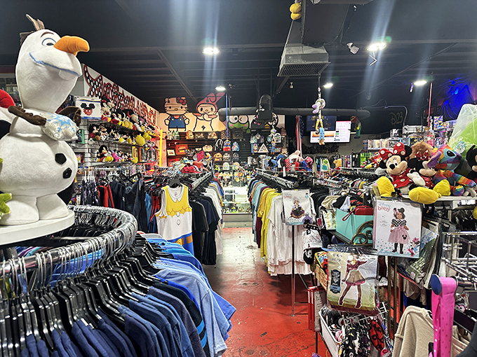 Navigate this treasure-filled labyrinth where Olaf stands guard over racks of potential fashion finds. Every aisle promises its own adventure.