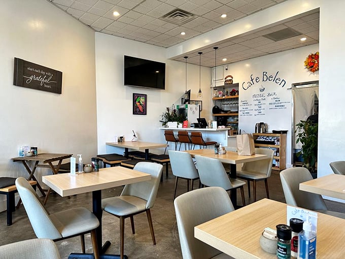 Clean lines, natural light, and that "Enter with a grateful heart" sign—advice you'll have no trouble following once the food arrives.
