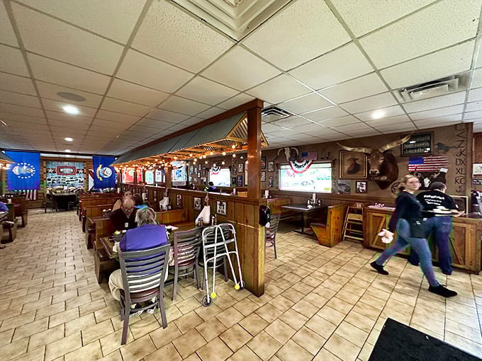 Where wood paneling meets mounted trophies, this isn't just a dining room—it's a museum of American BBQ culture.