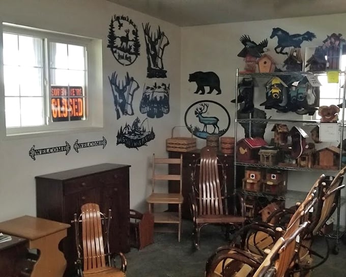 A treasure trove of handcrafted wooden wares shares space with wildlife silhouettes – rustic décor that whispers, "Slow down, city slicker."