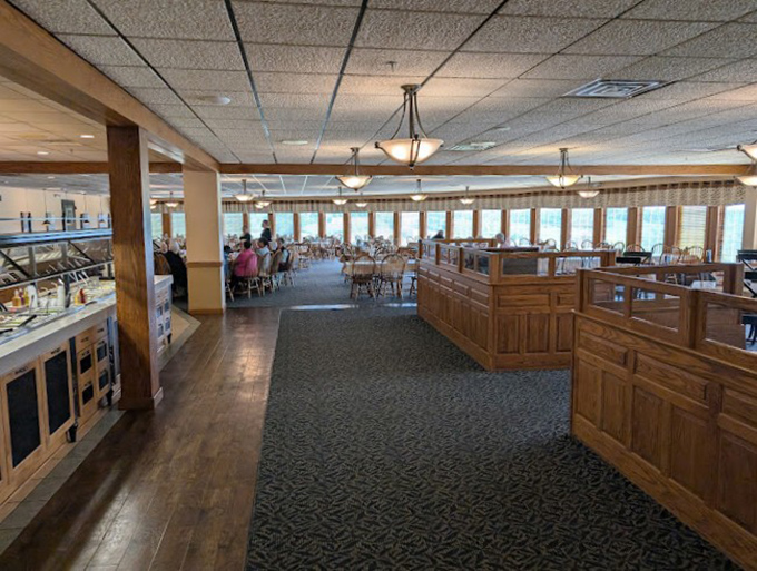 Inside, warm wood tones and spacious seating create the perfect backdrop for the food marathon you're about to embark on.
