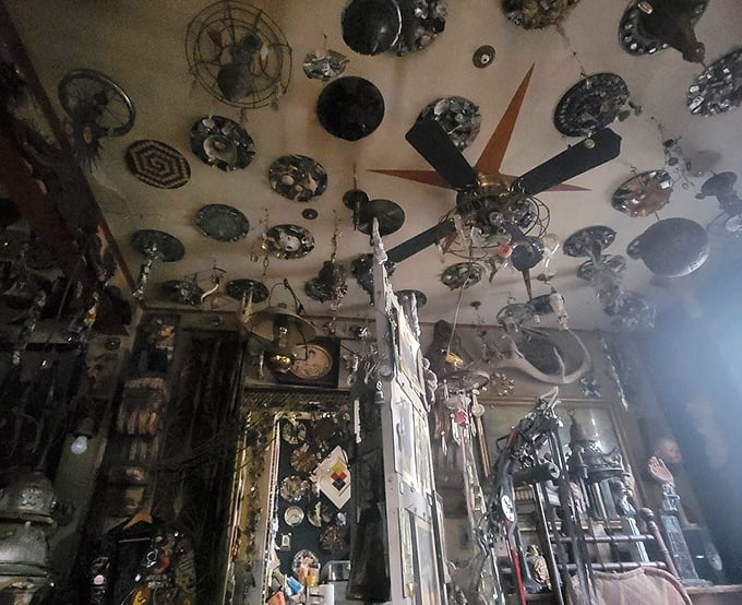 Ceiling constellations of hubcaps and metal discs transform the interior into an industrial planetarium. Who needs stars when you've got salvaged splendor?