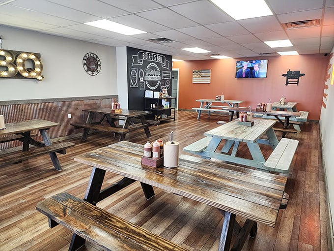 Rustic wooden picnic tables fill the no-frills dining room, where the focus is squarely on what matters most—the food that's about to change your day.
