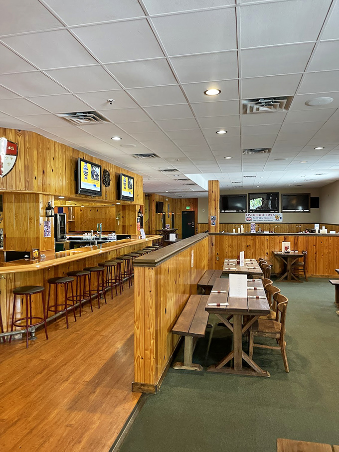 Wooden paneling that would make an English pub proud. This isn't decoration—it's a warm hug in architectural form.