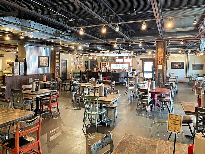 Industrial chic meets down-home comfort in Pecan Lodge's dining room. The sparse decor lets you focus on what matters—the meat-centric masterpieces heading your way.