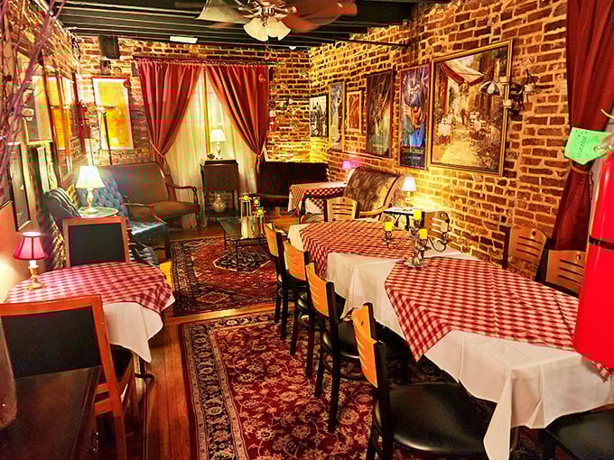 Step inside and time stands still – exposed brick walls, red checkered tablecloths, and oriental rugs create the perfect setting for culinary opera.