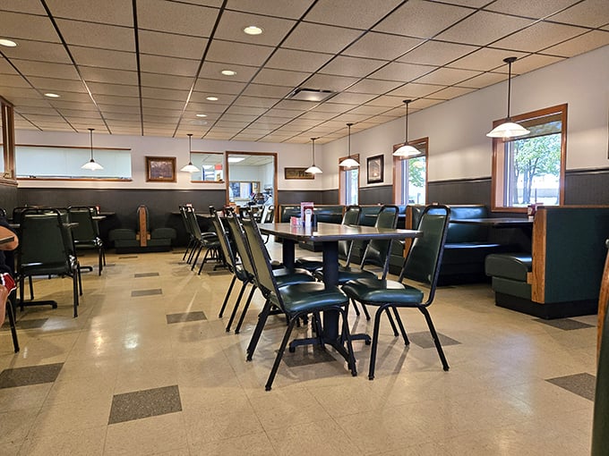 Classic diner aesthetics meet Midwestern hospitality in this dining room where conversations flow as freely as the coffee.
