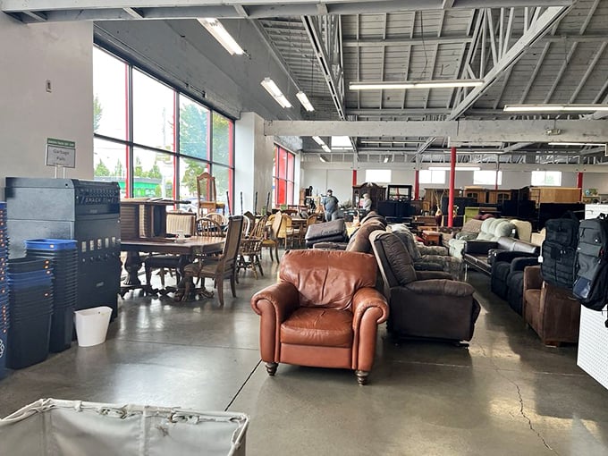 Leather armchairs await their second act in this furniture section. That cognac-colored club chair is practically begging to hear your life story.