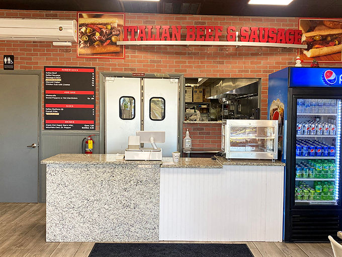 Behind this counter, sandwich magic happens. The brick wall and bold signage announce exactly what you're in for: Italian beef nirvana.