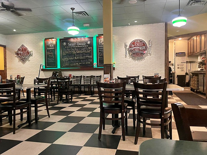 Classic black and white checkered floors set the stage for culinary nostalgia. This isn't just a diner—it's a time machine with better coffee.