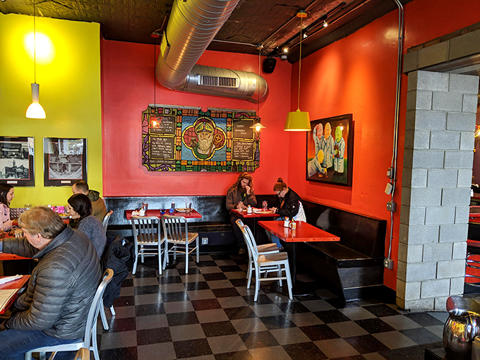 Those orange walls aren't messing around – this is what happiness looks like at 9 AM on a Tuesday.