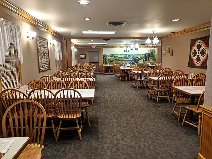 Windsor chairs and warm lighting create the perfect setting for serious pie contemplation and conversation.