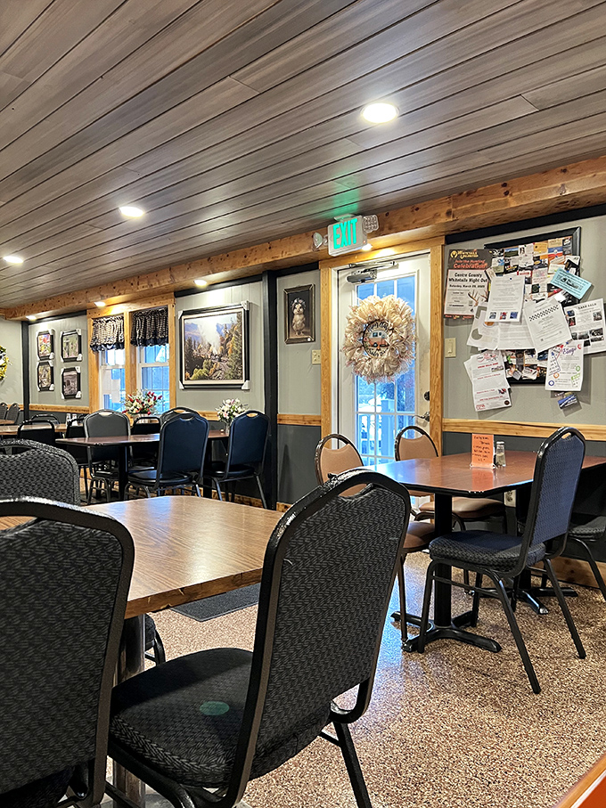 Wooden beams, community bulletin boards, and comfortable seating create that "everybody knows your name" atmosphere that chain restaurants spend millions trying to replicate.