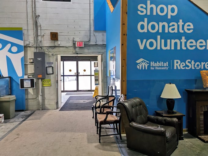 Step inside and the adventure begins. That blue wall isn't just decoration—it's practically shouting "bargains this way!" to thrift-loving souls.