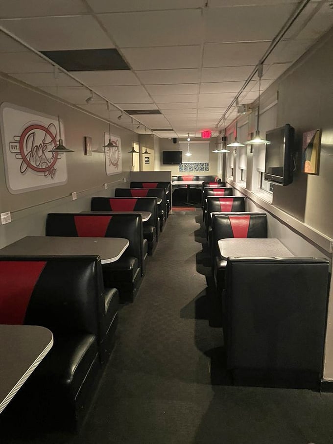 Step inside and time travel to the golden age of diners—black and red booths invite you to slide in and stay awhile.