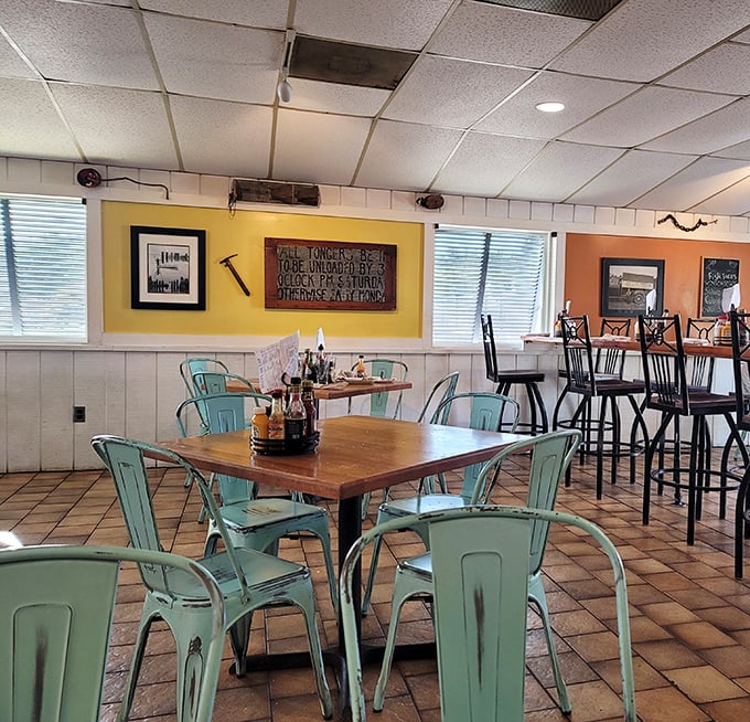 Those seafoam chairs and sunny walls create the perfect backdrop for Eastern Shore comfort food magic.