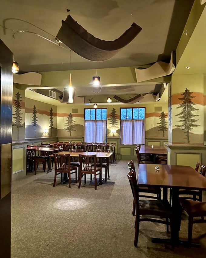 Step inside to discover a woodland retreat with pine tree murals and tent-like canopies that transform a simple meal into a magical forest dining experience.