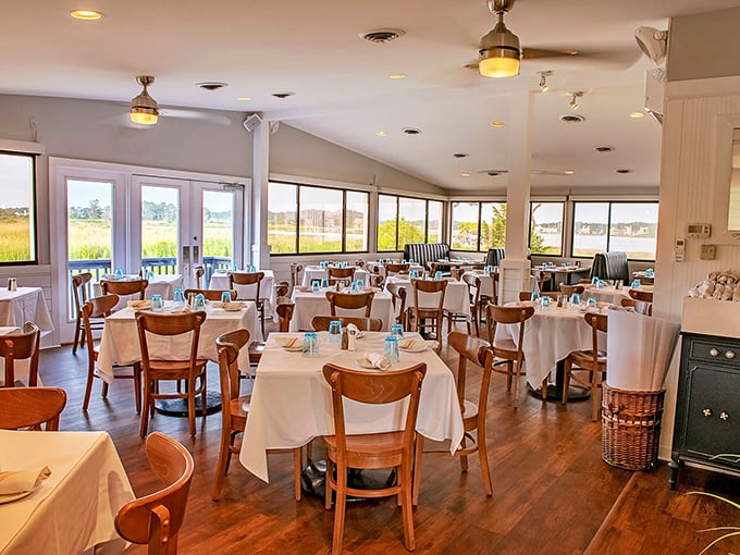 Clean lines and crisp whites create the perfect backdrop for serious seafood conversations and gentle arguments.