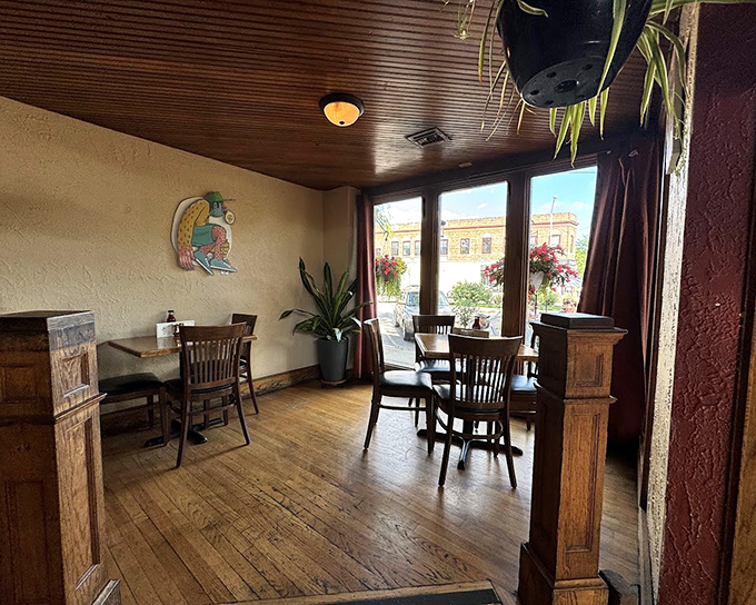 Wooden floors that creak with stories, hanging plants that breathe life, and windows that frame the neighborhood—this is comfort defined before you even taste the food.