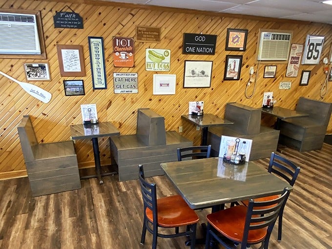 Wood-paneled walls adorned with local memorabilia create the perfect backdrop for comfort food conversations and nostalgic dining experiences.