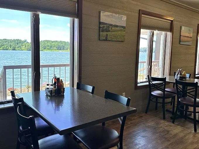 Dining with a view that rivals the food for attention—almost. Those windows frame West Boggs Lake like nature's own dinner theater.