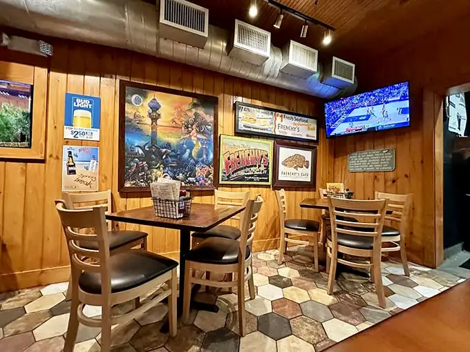 Wood-paneled walls, hexagonal tile floors, and nautical artwork create that perfect "I've discovered something special" feeling that keeps locals coming back for decades.