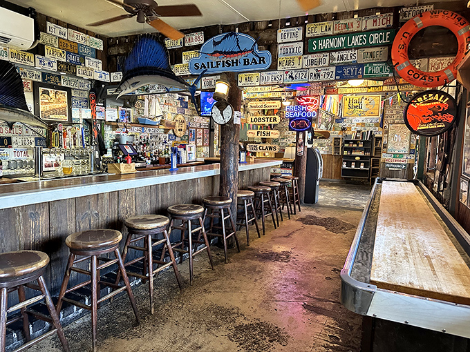 License plates from across America wallpaper this seafood sanctuary. Each one represents someone who made the pilgrimage for these legendary oysters.