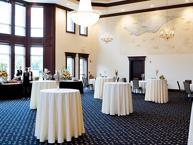 Elegant chandeliers and crisp white tablecloths transform this banquet space into something magical – where meatball dreams and wedding receptions find common ground.