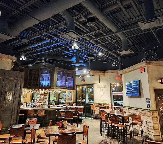 Reclaimed wood tables and warm lighting transform casual dining into an experience worth savoring slowly.