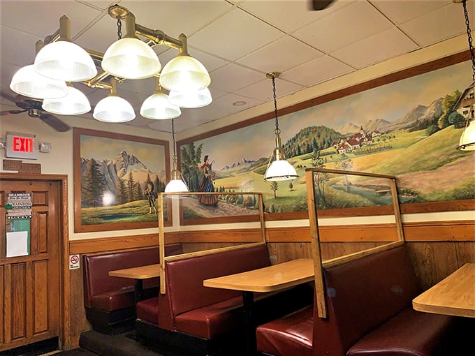 Pastoral murals transport you to the old country while burgundy booths invite you to settle in. It's like dining inside your European grandmother's fondest memories.